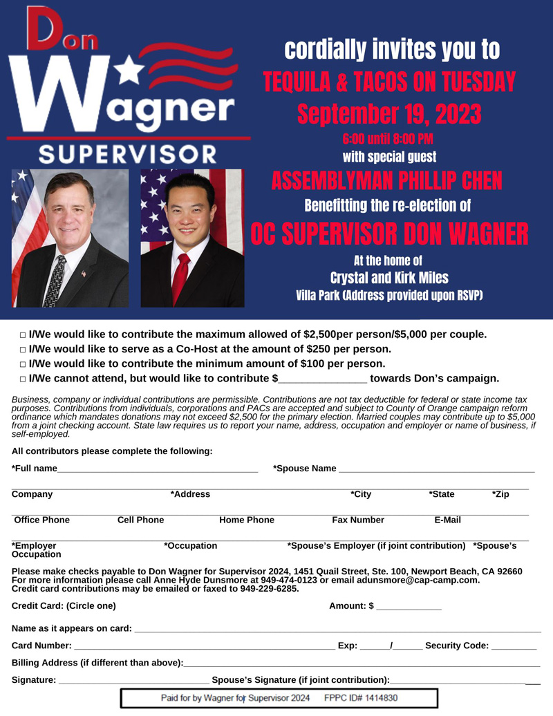 Tequila & Tacos on Tuesday - Re-elect OC Supervisor Don Wagner - OCGOP
